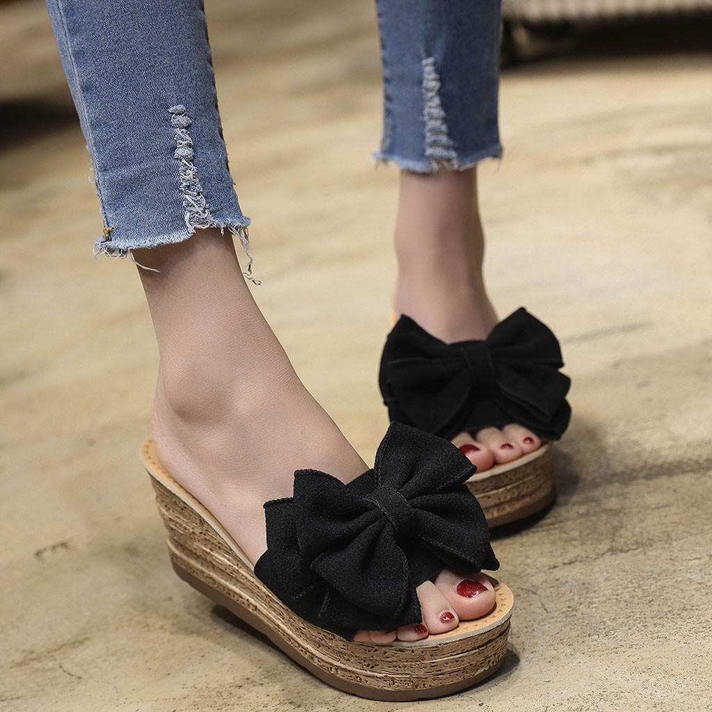 Buy Yin Women Fashion Solid Color Bow Wedges Slipper Open Toe Sandals ...