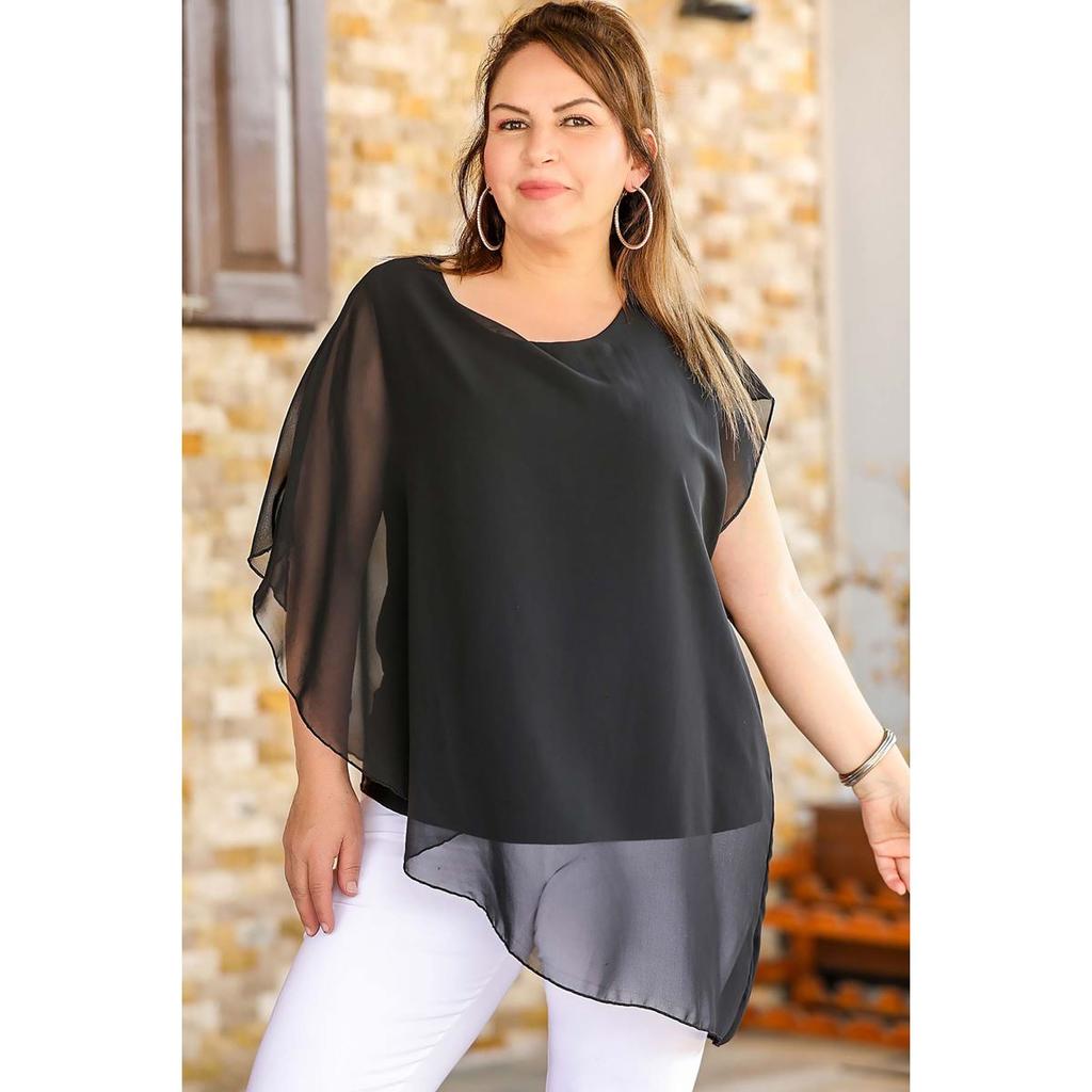 Buy Asymmetrical Cut Black Plus Size Chiffon Blouse at affordable ...