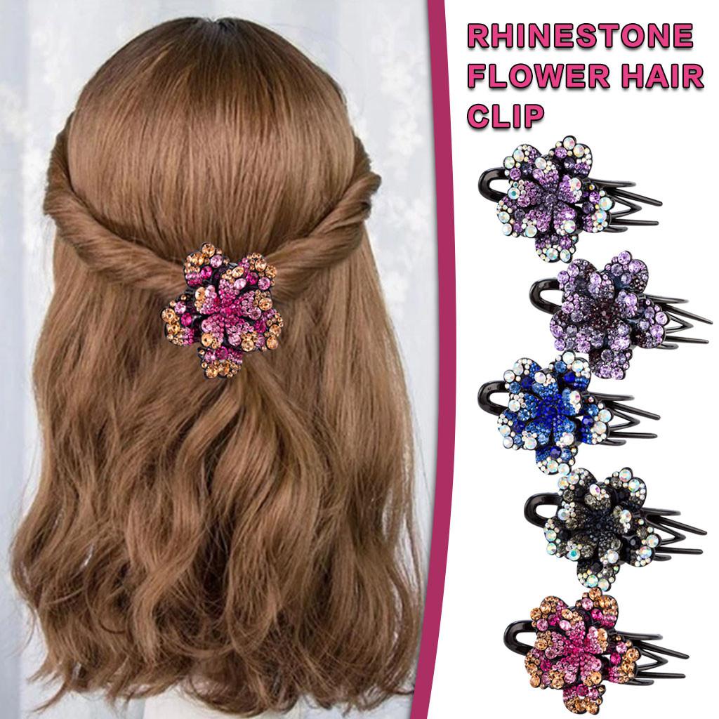 Buy Rhinestone Double Flower Hair Clip Flexible Durable Women Dovetail ...