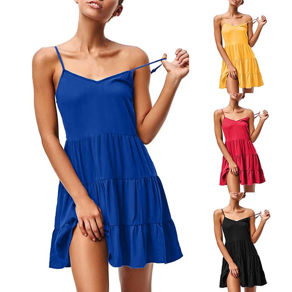 Buy Women Sexy V Neck Backless Sundress Solid Color Big Swing Beach ...