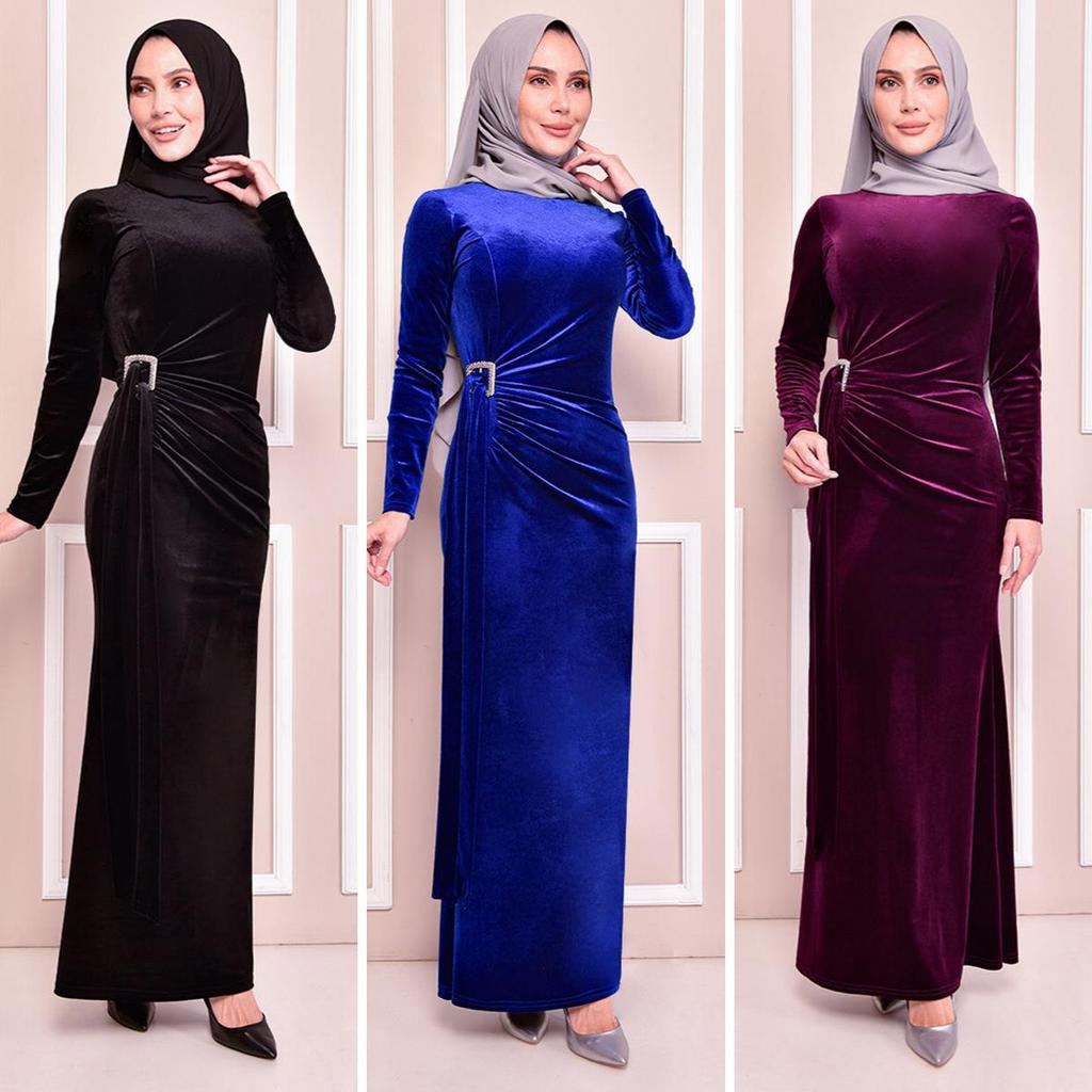 Buy Muslim Women Velvet Long Design Dress Islamic Clothing Hijab ...