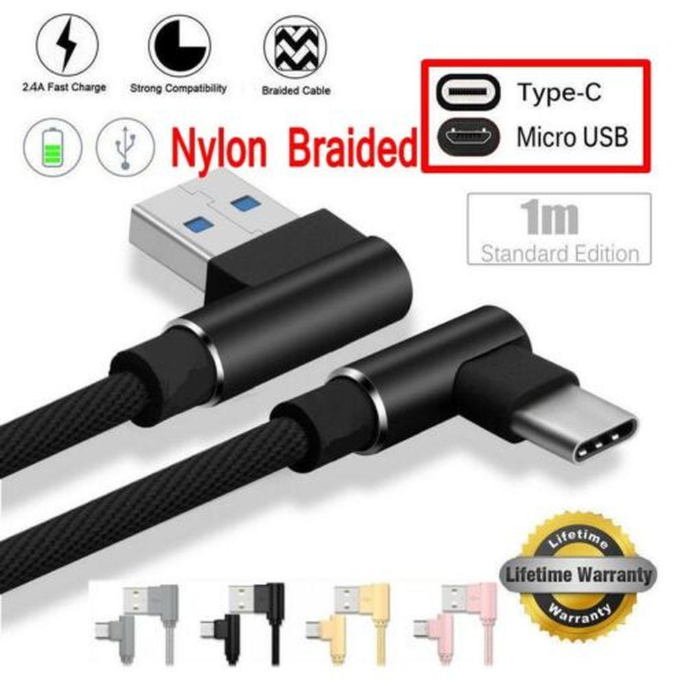 Braided 90 Degree Right Angle Type C / Micro USB Fast Data Sync Charger ...