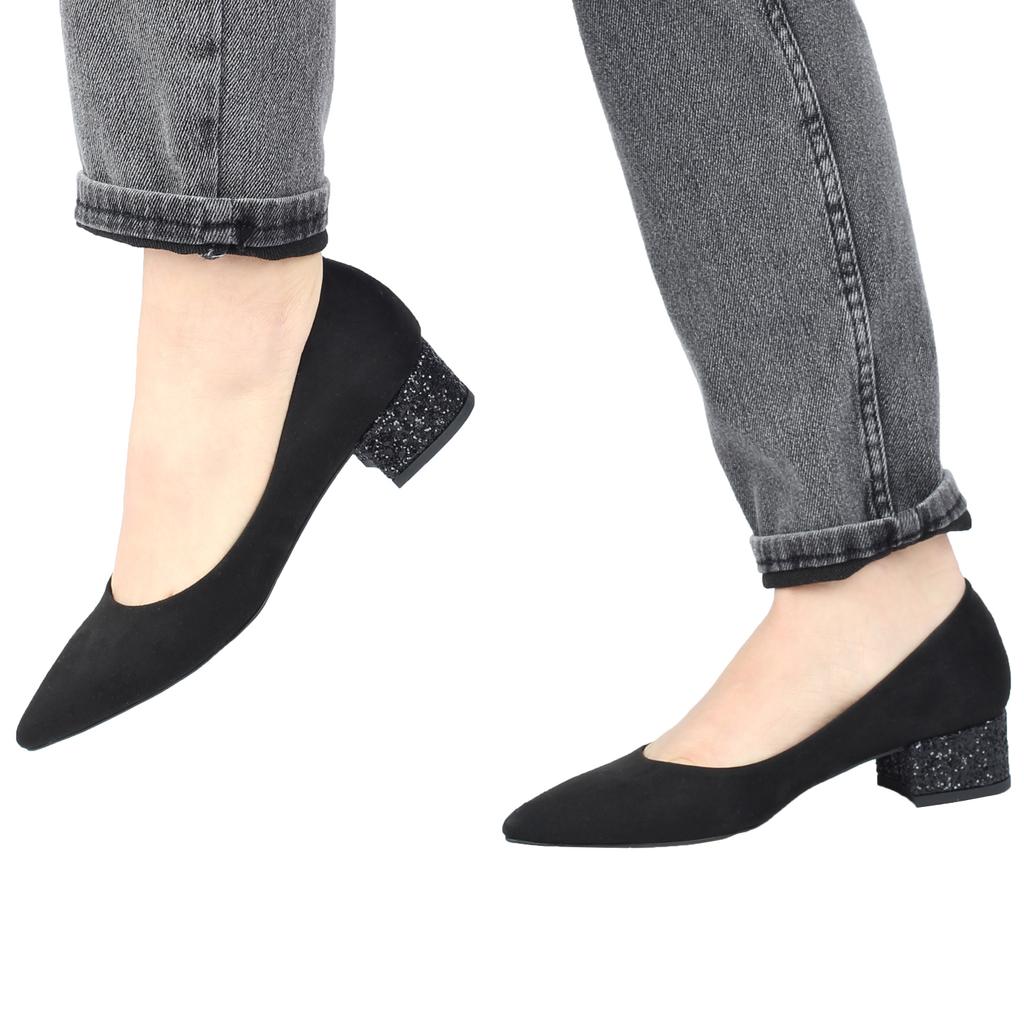 Buy Thick Short Heeled Black Suede Stiletto Women's Shoes - Beew at ...