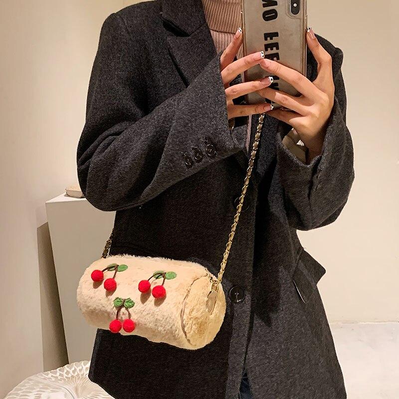 Cheap Brand Plush Cylinder Bag Designer Cherry Embroidery Shoulder Bags ...