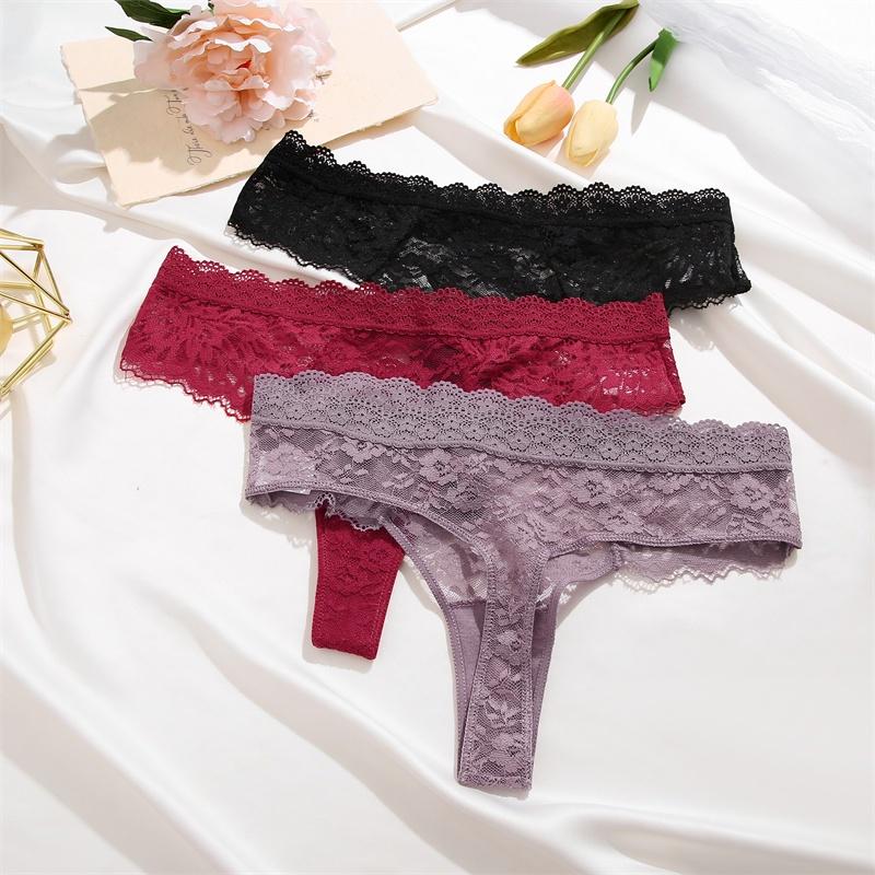 Buy FINETOO Women Lace Thongs S-XL G-string Low Waist T-Back Panties ...