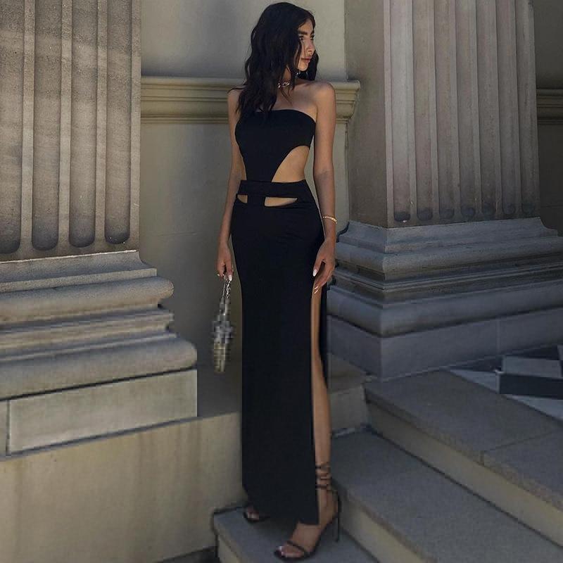Buy Strapless Cut Out Double Slit Gown Spring New Solid Color Hollow ...