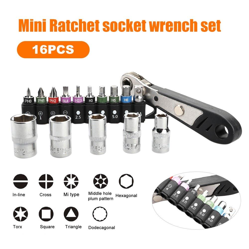 16PCS Mini Ratchet Socket Wrench Screw Bits Multi-purpose Multi ...