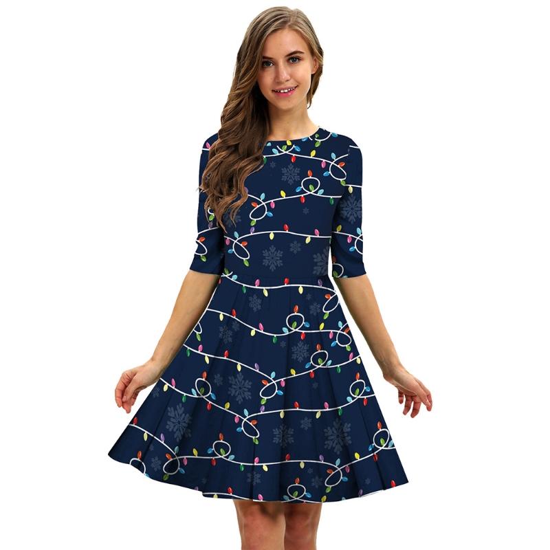 Buy Women Christmas Half Sleeves O-Neck Swing Midi A-Line Dress ...