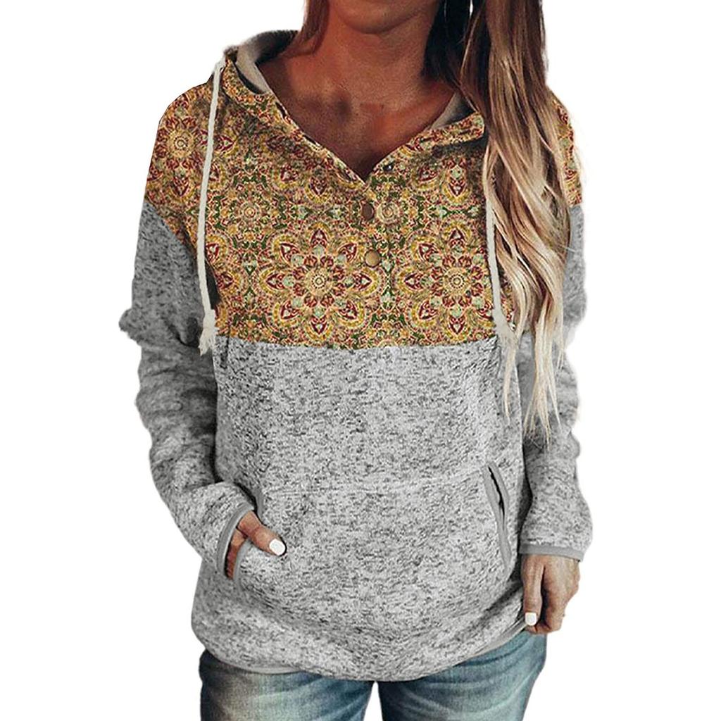 Cheap Women's Retro Print Spliced Longsleeved Hooded Hood Blouse | Joom