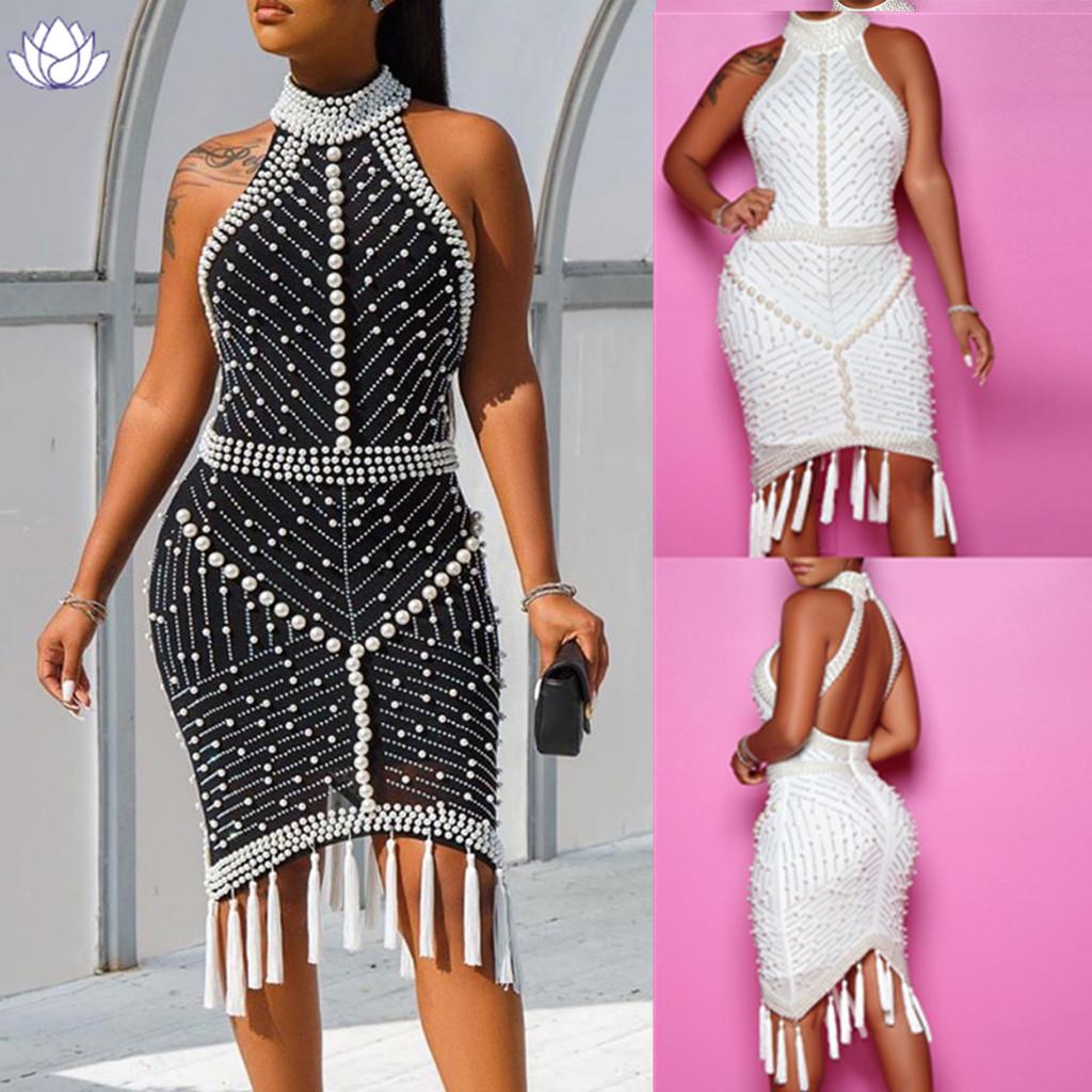 Buy FGL Women Fashion Slim Backless Mini Sexy Sleeveless Pearl ...