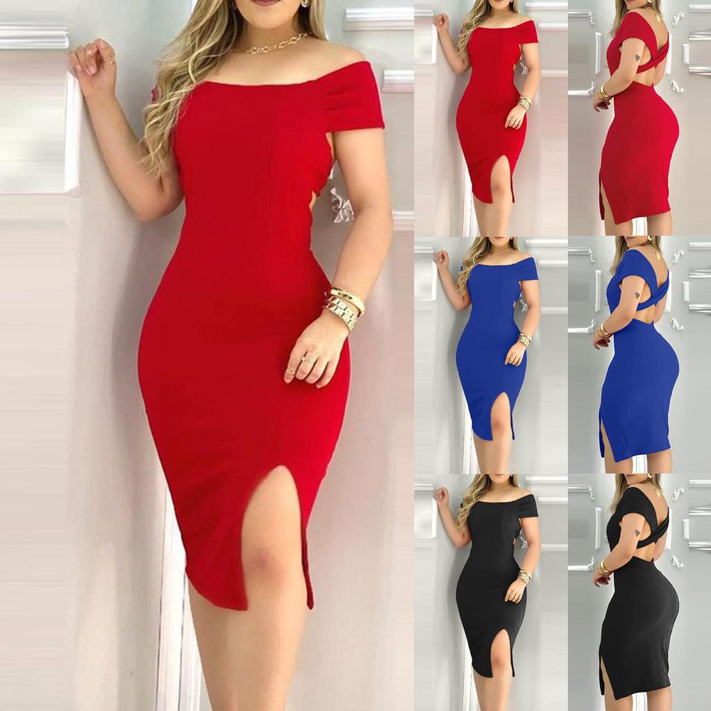 Kjøp Women Casual Sexy Slimming Bottom Slit Backless Off Shoulder Solid ...