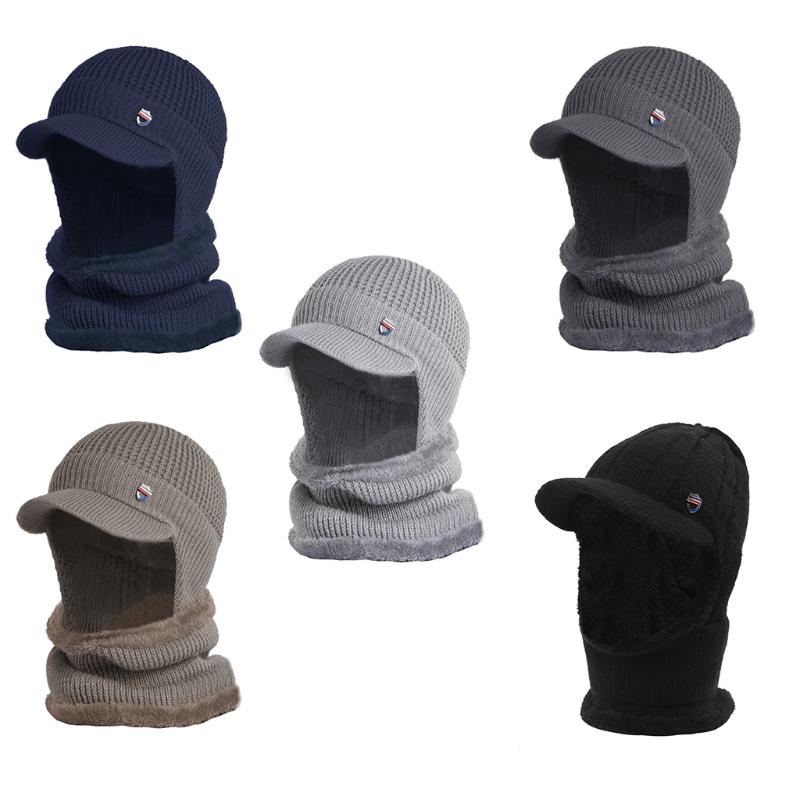 Buy Men Winter 2Pcs Set Visor Brim Earflap Beanie Hat with Circle Scarf ...