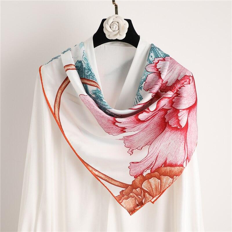 Buy 90cm Square Silk Scarf Women Elegant Floral Print Neck Scarves Lady ...