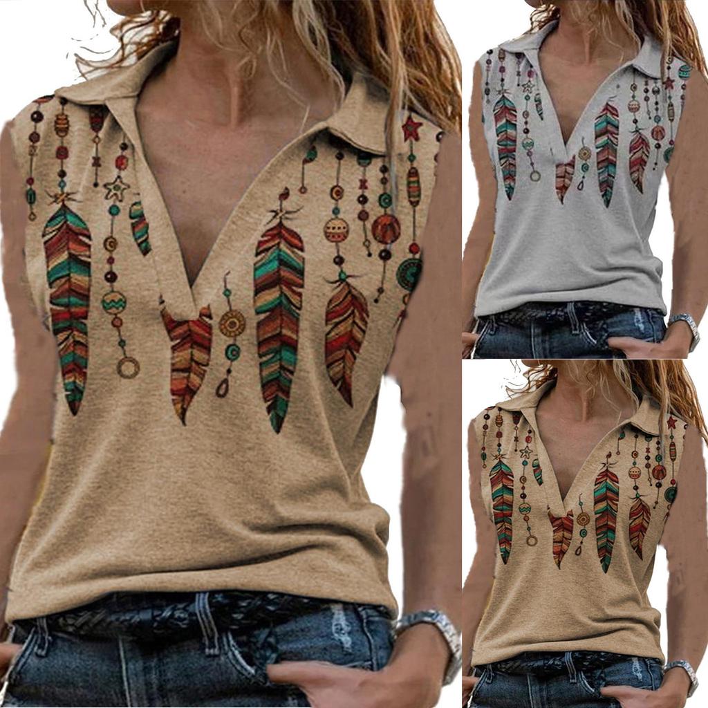 Fashion Women Round Neck Patchwork Retro Print Sleeveless Shirt Blouse