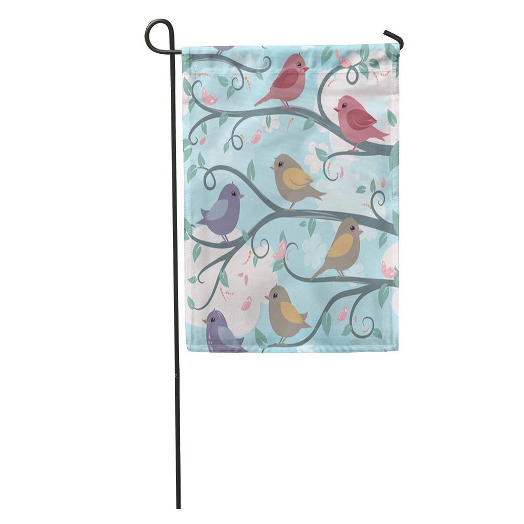 Buy Blue Pattern Cute Birds On Branches In Spring Green Pretty Garden ...