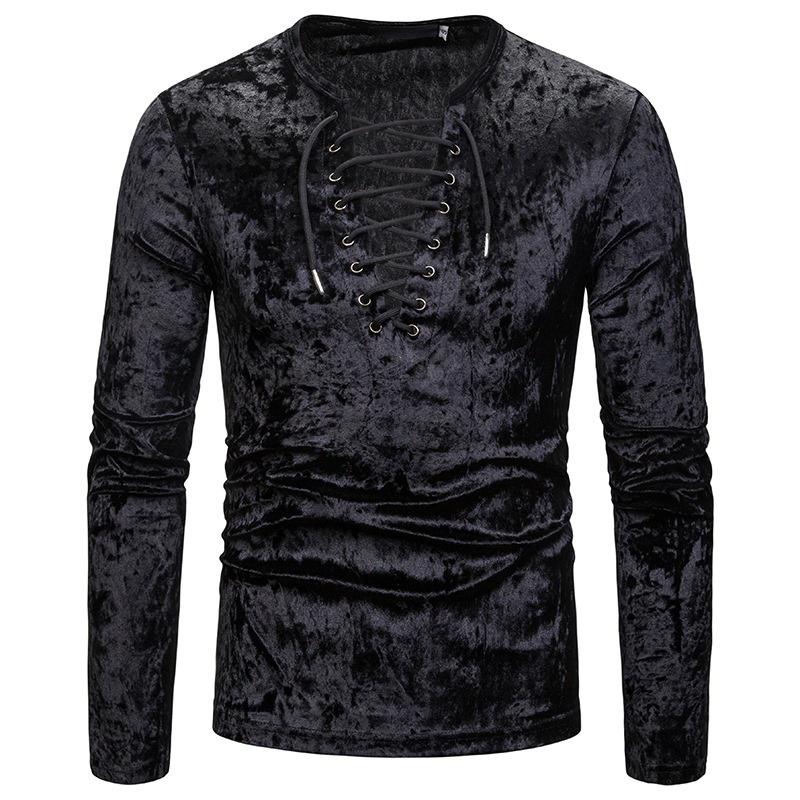Buy HaoShoes Men's Drawstring Collar Long Sleeve T-shirt Men's Casual ...