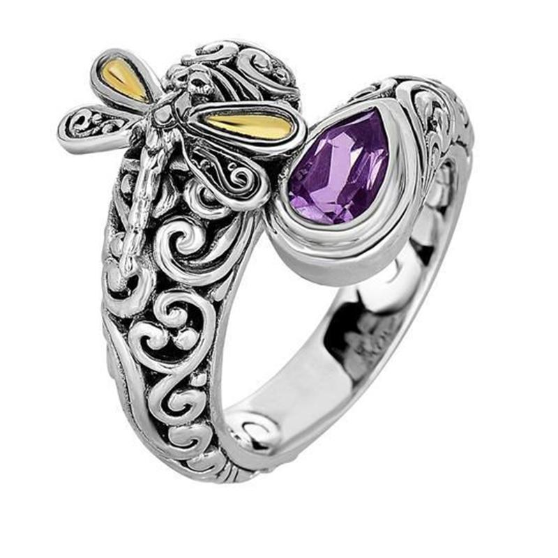 Buy Vintage Antique Silver Color Dragonfly Design Purple Stone Finger ...