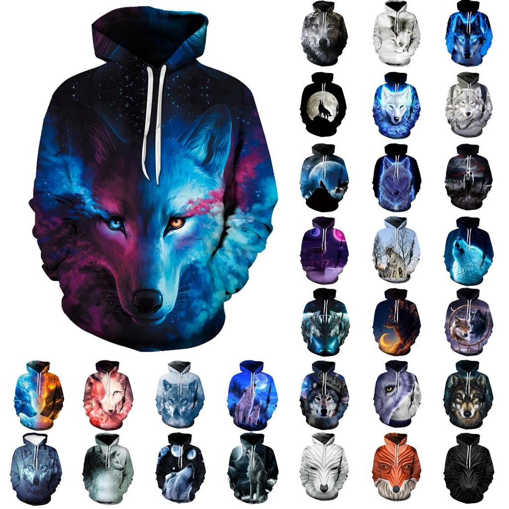 Buy Wolves Printing Fashion Round Neck Long-sleeved Hoodie Pullover 3D ...