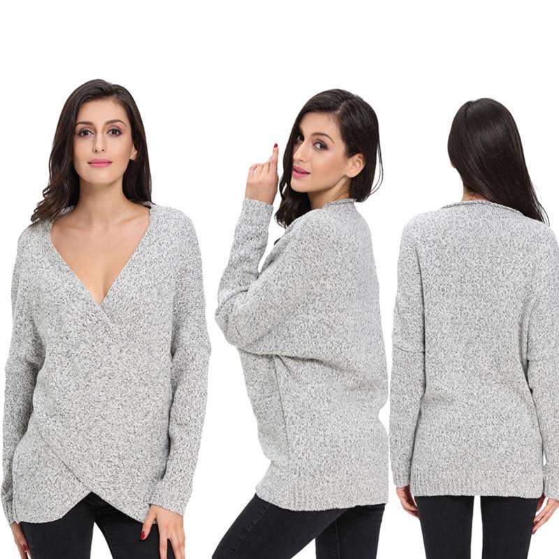 Buy Cross Neck Sweater Womens Long Sleeve V Neck Baggy Knitted ...