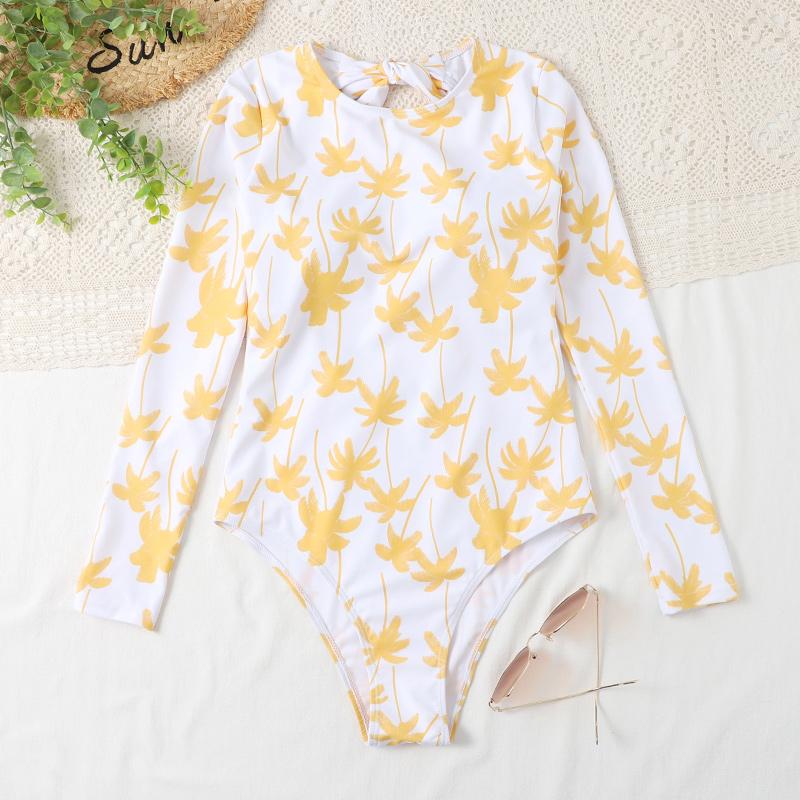 Buy Long Sleeve Swimwear Sexy One Piece Open Back Bathing Suit Leaves ...