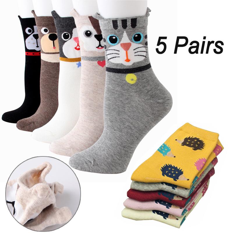 Buy 5 Packs Winter Socks Funny Cute Cat High Stretchy Novelty Kawaii ...