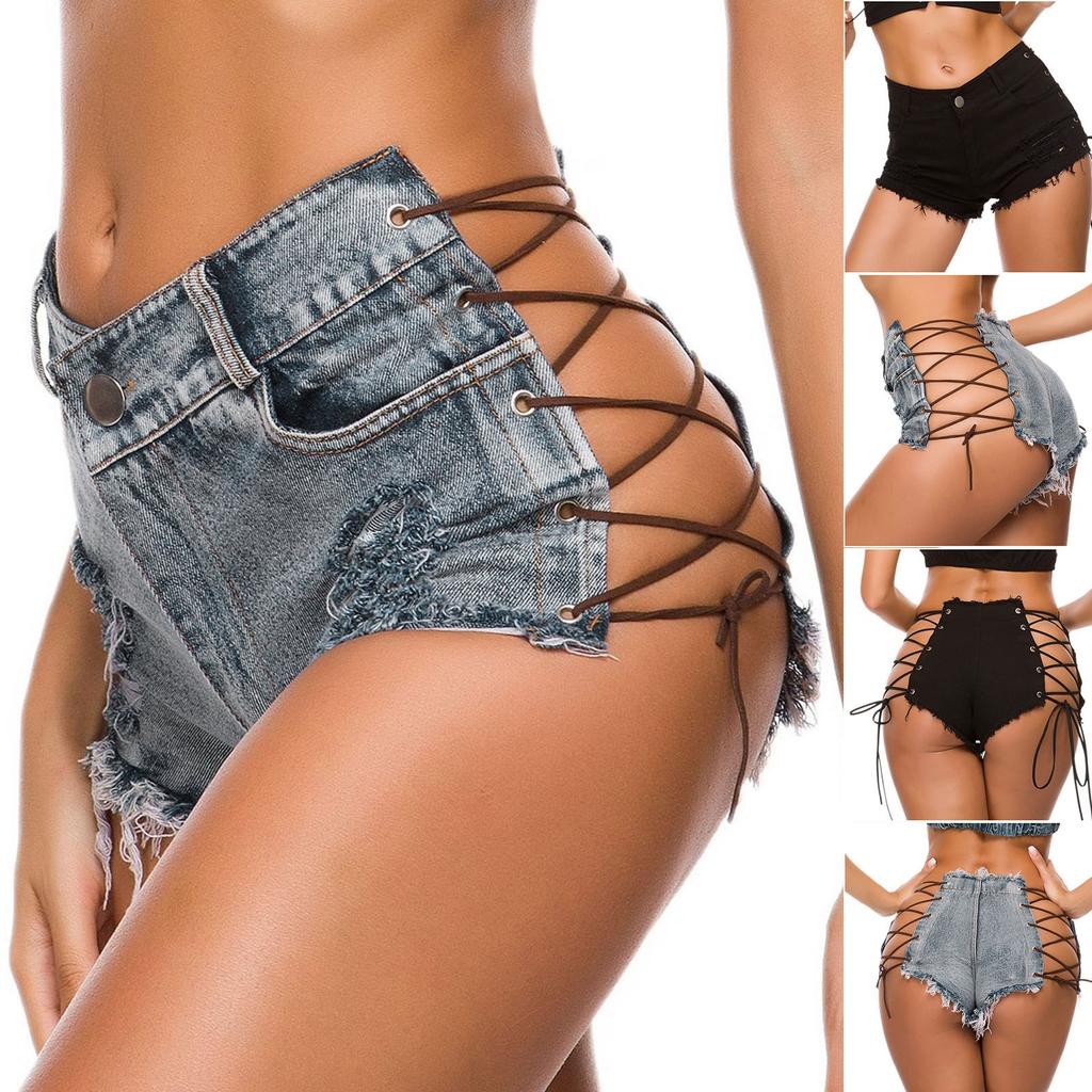 Женские рваные джинсовые шорты, сексуальные полые шорты с низкой талией ...