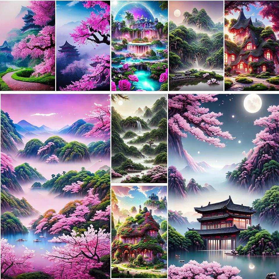 Cheap Full Square/Round Cherry Blossoms DIY Diamond Painting Kits Waterfall Landscape Full Drill ...