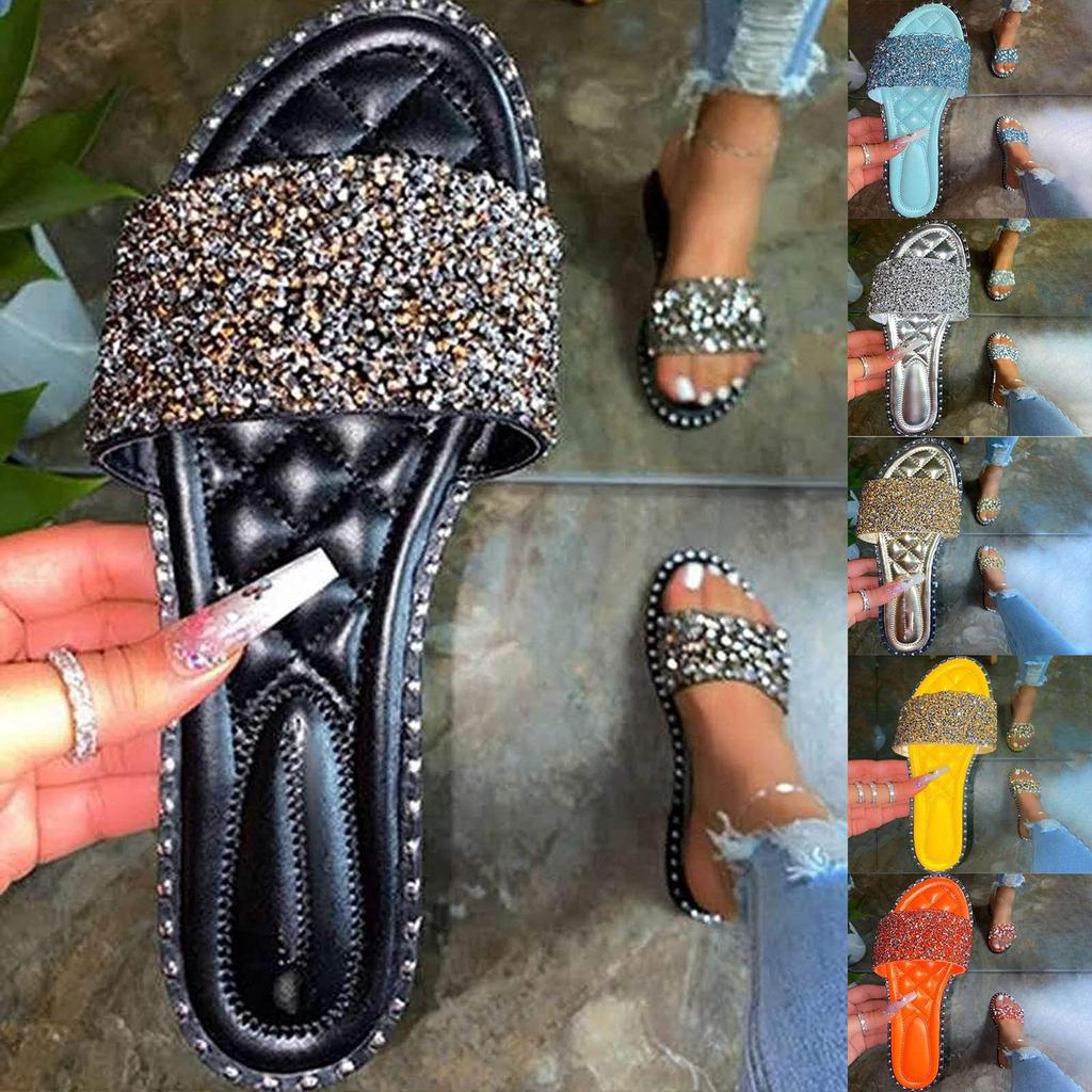 Fashion Womens Glitter Bling Fancy Slide Flat Low Wedge Casual Sandals ...