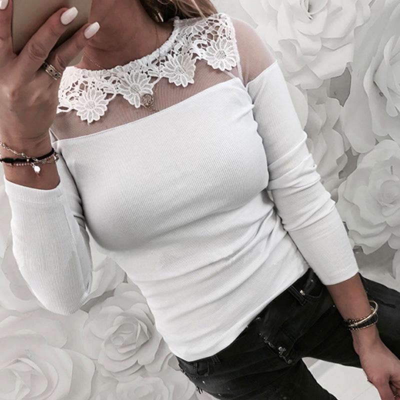Buy Women Lace Patchwork Tops Ladies Round Neck Long Sleeve Slim Fit ...