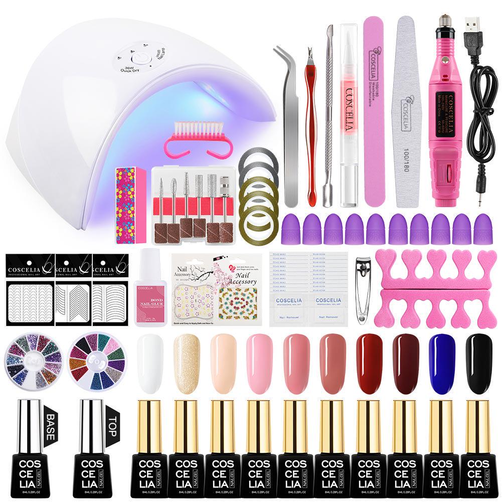 Nail Gel Kit 10Pc Nail Gel Polish 36W LED UV Lamp Top Base Coat Nail ...