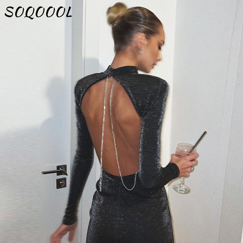 Buy Chain Mini Dress Women Sexy V Neck Long Sleeve Slim Evening Party ...