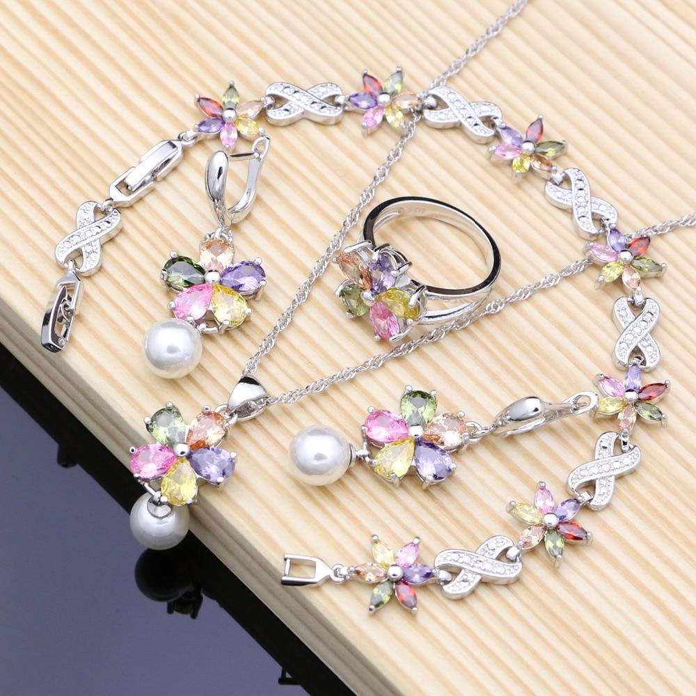 Buy Flower Multicolor Cubic Zirconia White Simulated Pearls Silver ...