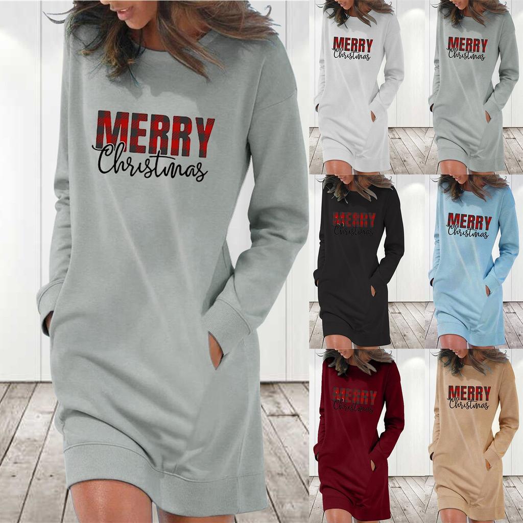 Buy Women's Casual Solid Color Long Sleeve Round Neck Pocket Dress ...