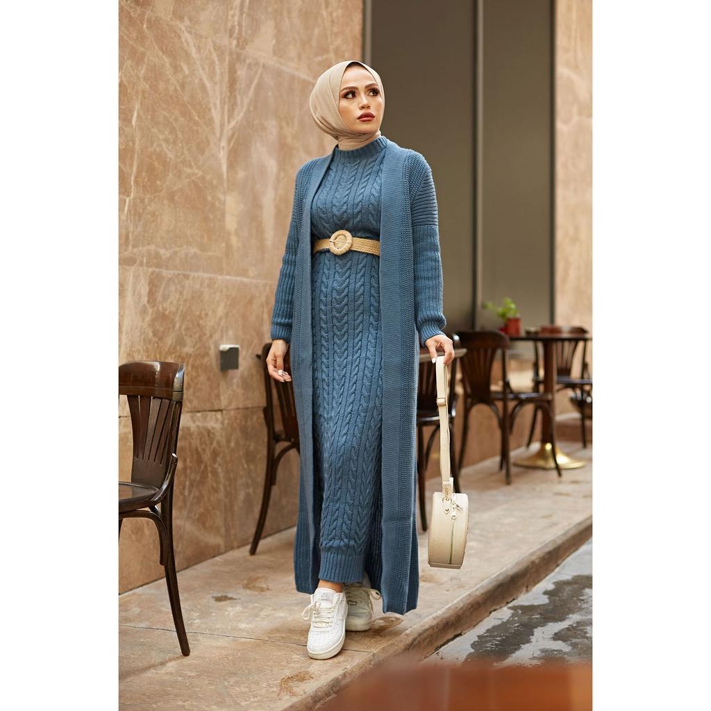 Buy Two Piece Muslim Sets Maxi Dress and Diamond Pattern Cardigan Abaya ...
