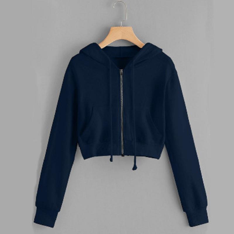 Buy Women Solid Color Simple Casual Zipper Drawstring Short Hoodies at ...