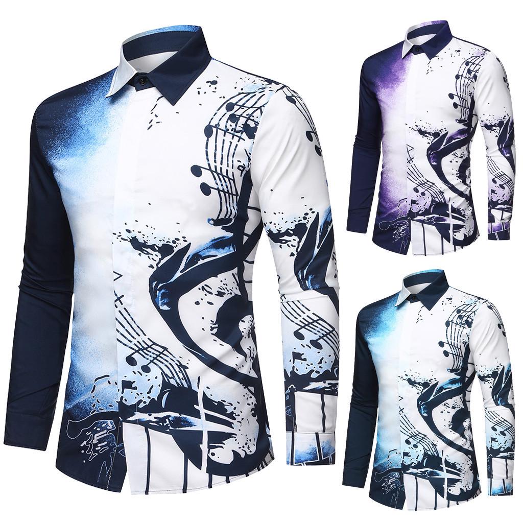 Men Casual Musical Note Pattern Casual Long Sleeves Shirt Top Blouse ...