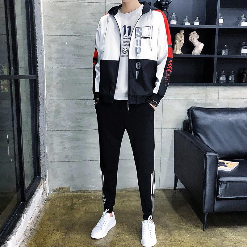Buy Spring Men's Casual Suit Hooded Jacket Two-piece Long-sleeved ...