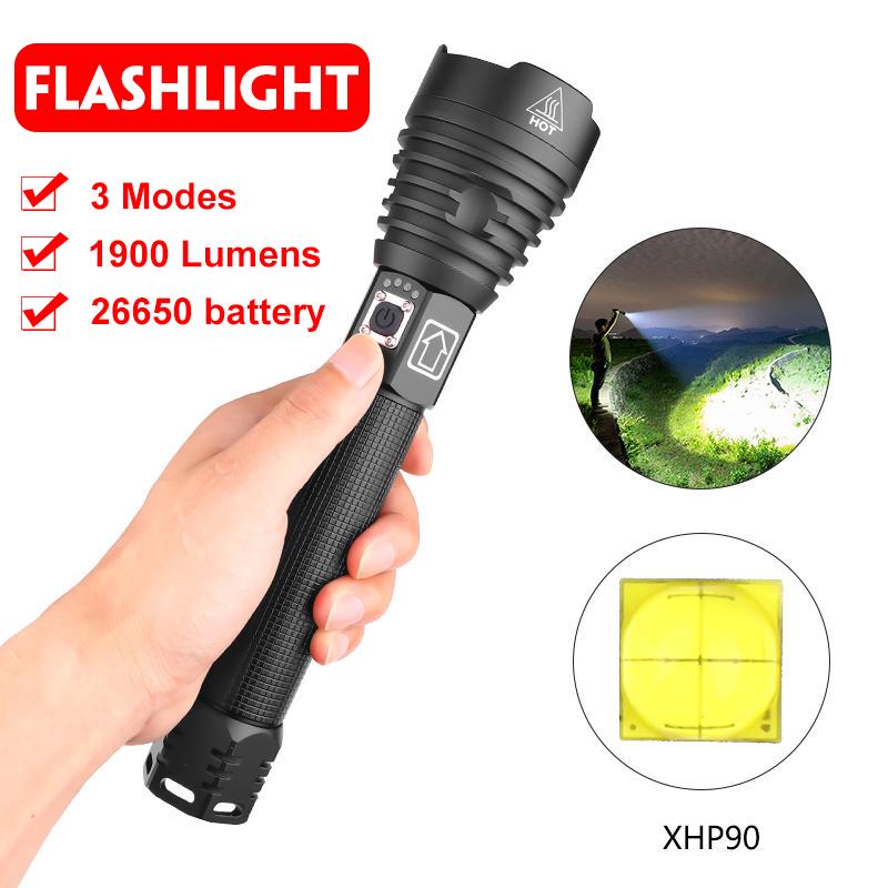XHP90 LED Flashlight Powerful Torch Telescopic Zoom 2500lm IPX8 26650 ...