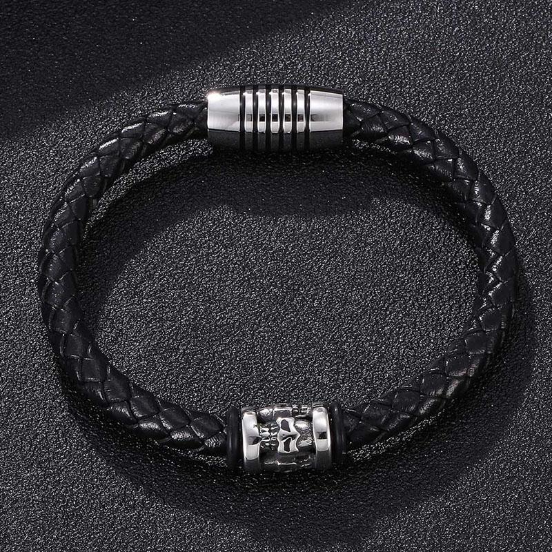 Erkek Takı İskelet Kafatası Bilezikler Siyah Deri Örgülü Bilezik ...