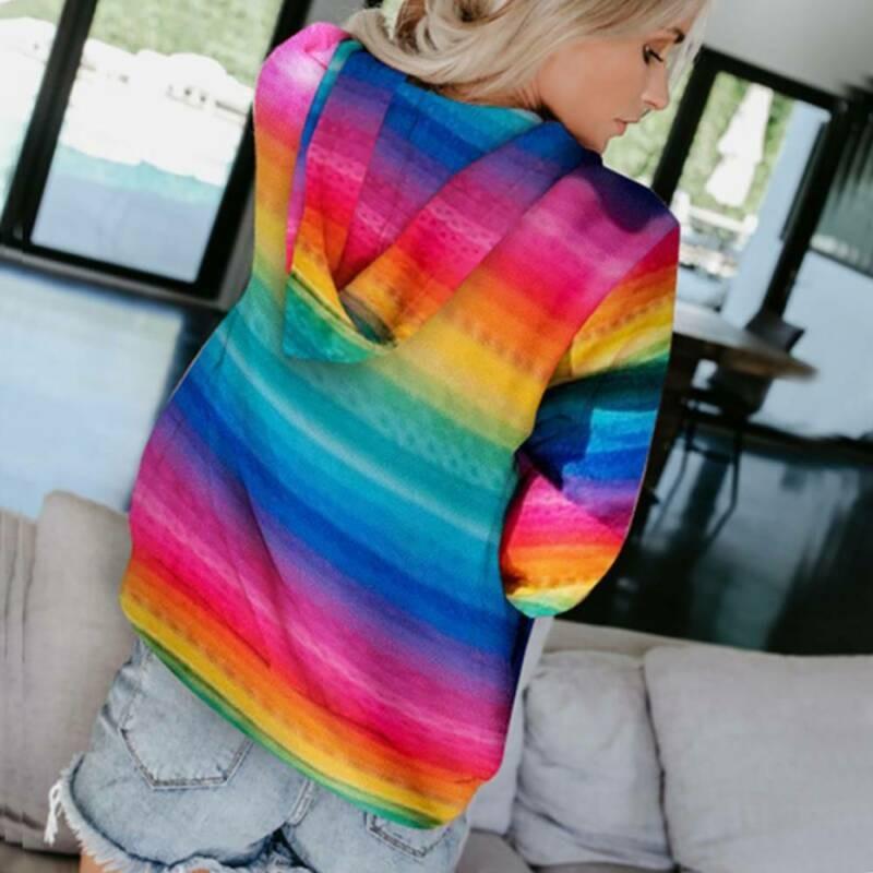 Buy Womens Rainbow Striped Sweatshirt Hooded Coat Zip Up Hoodies Colors ...