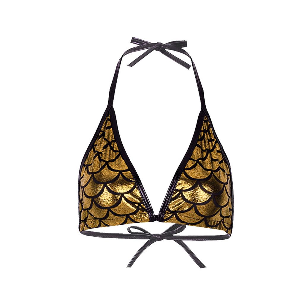 Women Shiny Metallic Fish Scale Printing Halter Neck and Back Tie Up ...