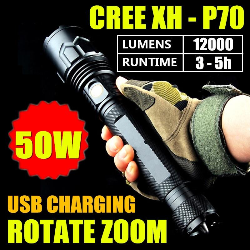 CREE XH-P70 Profession LED Hunting Flashlight Rotating Zoom USB ...
