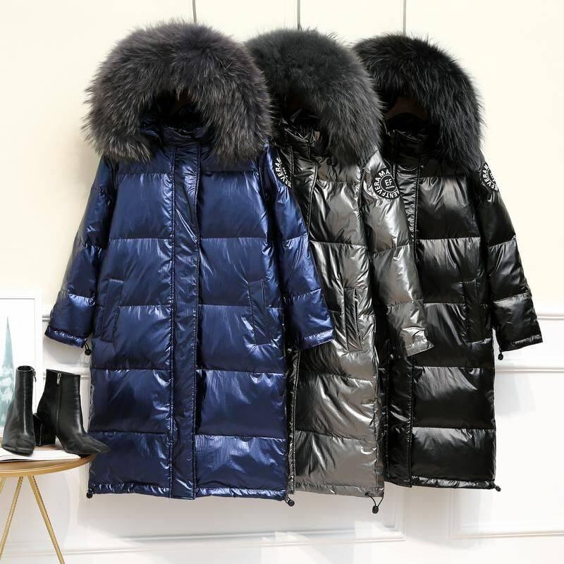 Buy Shiny Winter Jacket Women Casual Long Cotton Coat Big Fur Collar ...
