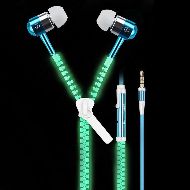 Buy Luminous Bass Sport Glow In The Dark Zipper Metal Earphones Earbuds ...