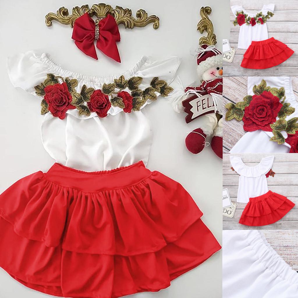 Buy Off Shoulder Embroidery Rose Flowers Tops Skirts Outfits Toddler ...