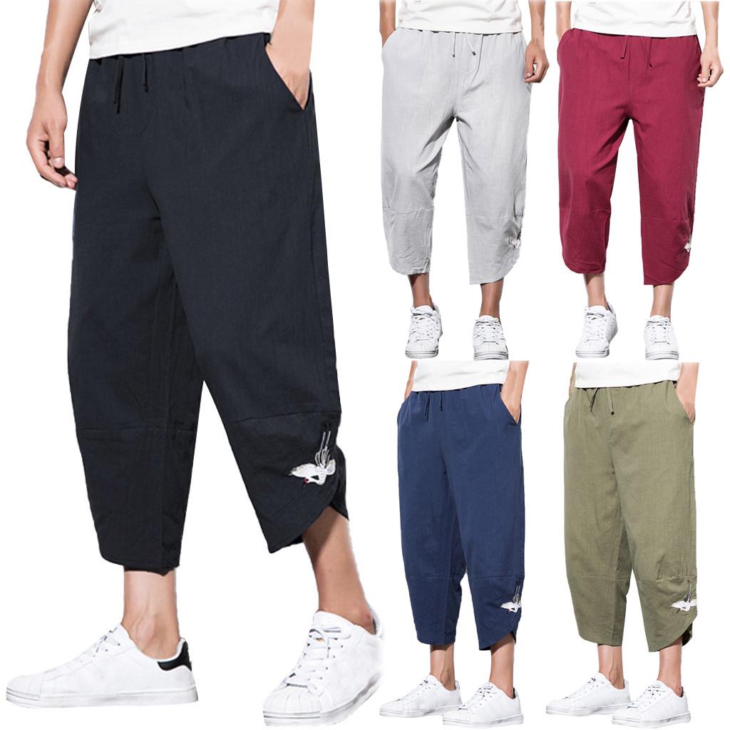 Men's Summer Fashion Leisure Cotton And Linen Embroidery Loose Calf ...