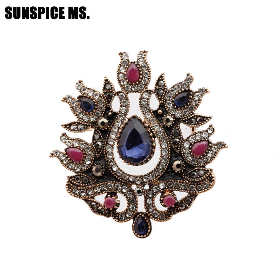 Buy Turkish Vintage Brooch Black Enamel Crystal Flower Women Antique ...