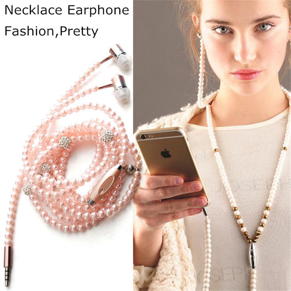 Buy Fashionable Jewelry pearl Necklace Earphones Mic Beads 3.5mm In-ear ...