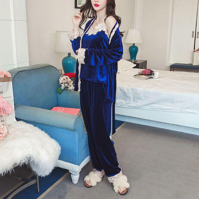 3Piece Women Winter Warm Coral Velvet Pajamas Set Embroidered Floral ...