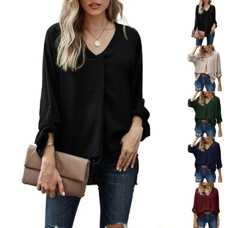 Buy Women Solid V-Neck Long Sleeve T-Shirt Ladies Autumn Casual Loose ...